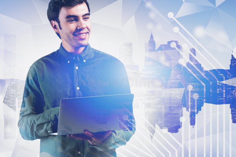 Smiling Computer Guy in City, Network GUI Stock Image - Image of ...
