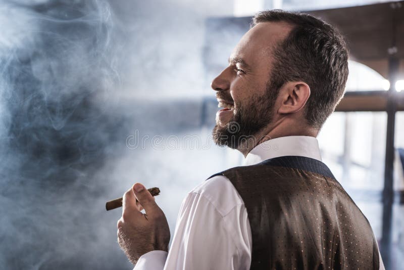Smiling Confident Man Smoking Cigar Indoors Stock Photo - Image of ...
