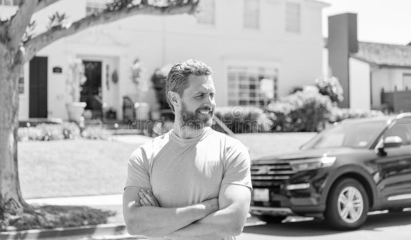Smiling Confident Man Stand at New House and Car Stock Photo - Image of ...