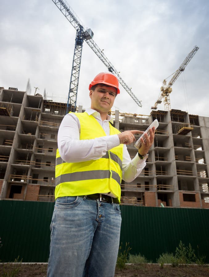 Smiling Construction Engineer Posing with Digital Tablet Stock Photo ...