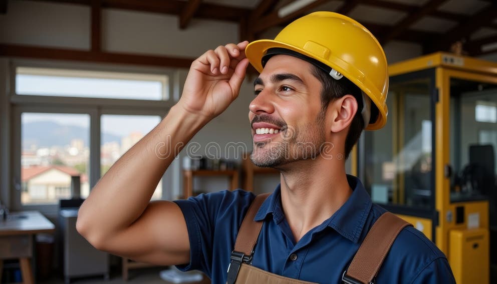 Smiling Construction Worker Adjusting Hard Hat in Workshop, Job ...