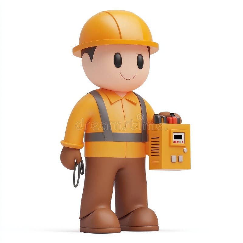 Cute Cartoon Worker Holding Electrical Panel, Ready for Work Stock ...