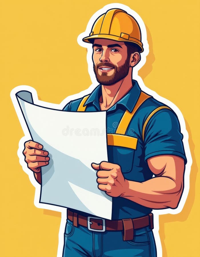 Smiling Construction Worker Holding Blueprint Stock Illustration - Illustration of plan, arms ...