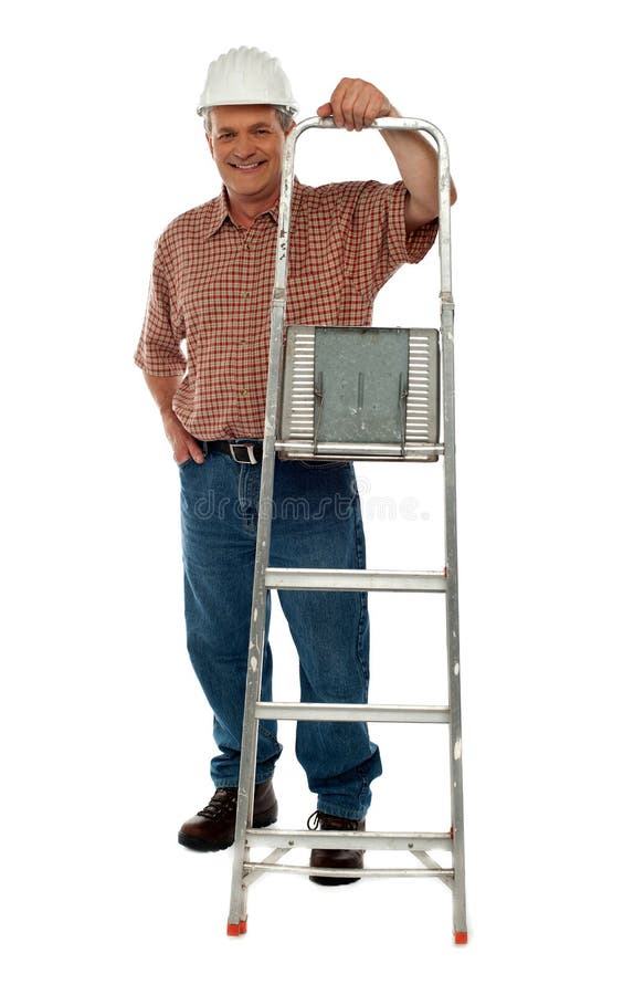 Smiling Construction Worker Holding Ladder Stock Image - Image of ...