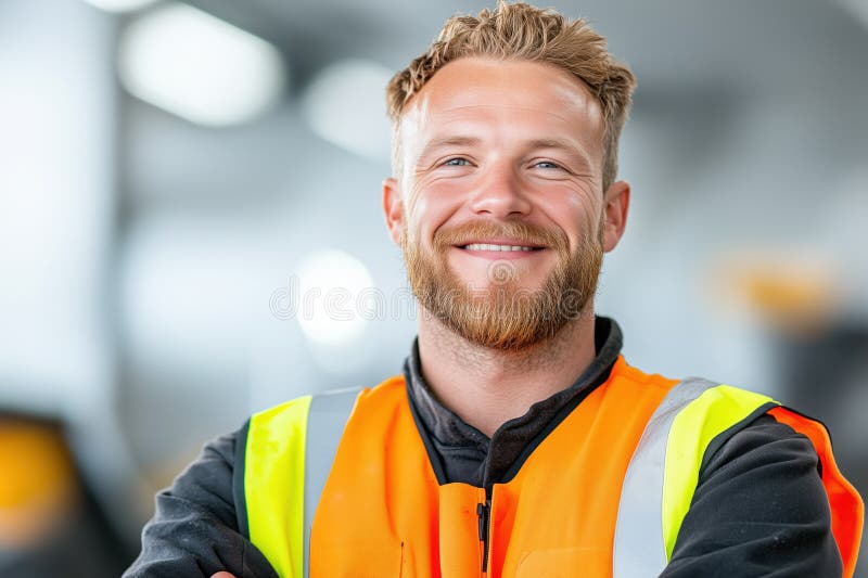 Smiling Construction Worker in Reflective Vest at a Busy Work Site ...