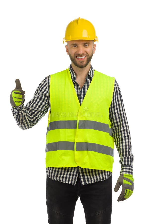 Smiling Construction Worker in Reflective Waistcoat and Hardhat is ...