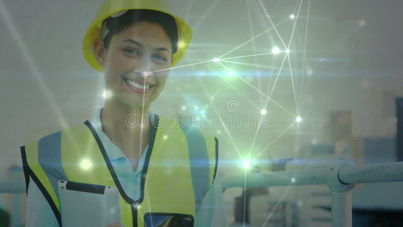 Smiling Construction Worker in Safety Gear with Network Connections ...