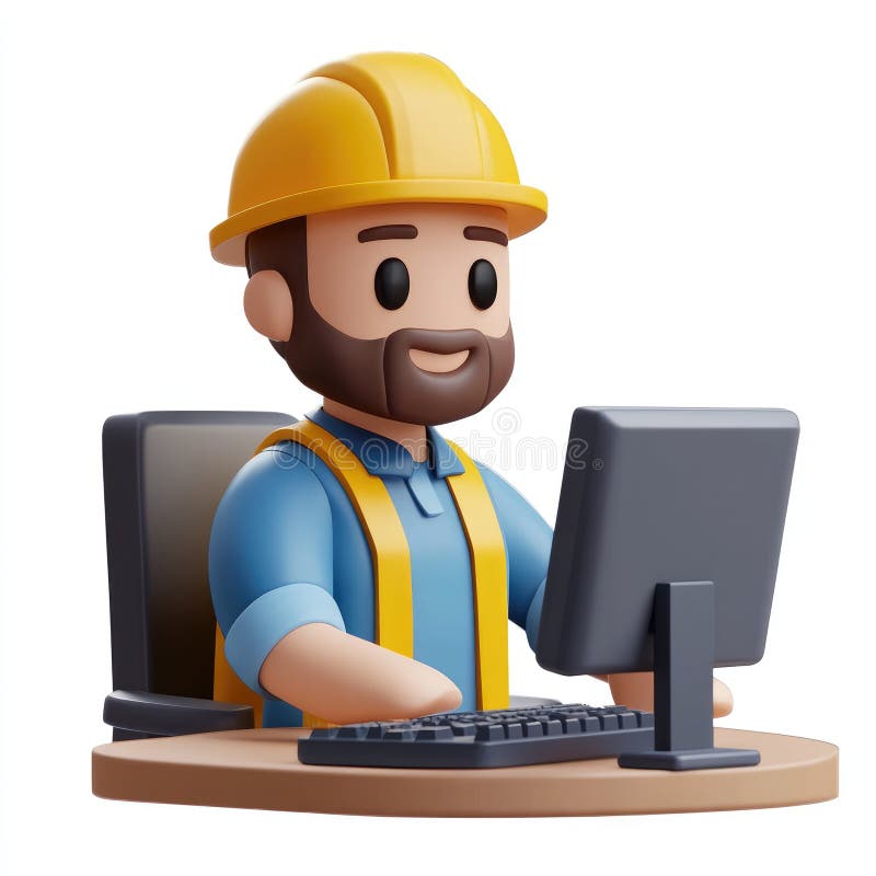 Smiling Construction Worker Using Computer at Desk Stock Illustration ...
