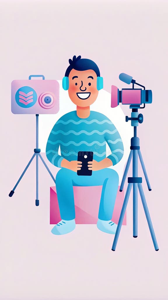 Smiling Content Creator Using Smartphone in Modern Studio Setup with ...