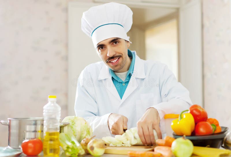 Smiling Cook Does Vegetarian Lunch Stock Image - Image of male, salat ...