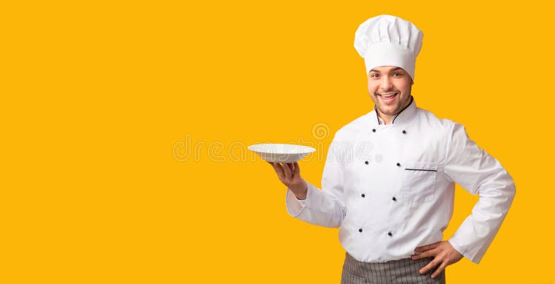 Smiling Cook Guy Holding Plate Standing Over Yellow Background ...