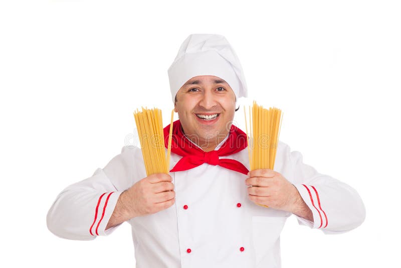 Cook Man Holding Pan Filled with Raw Macaroni Wearing White Uniform ...