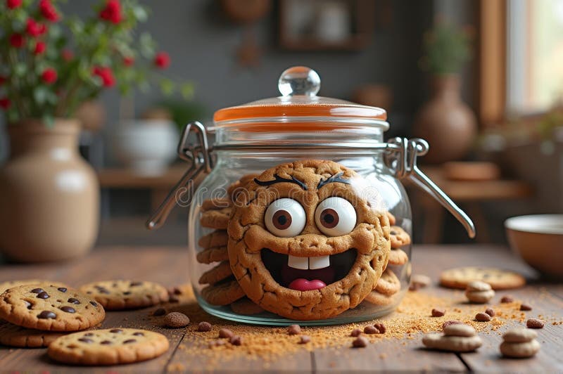 Smiling Cookie Character in Glass Jar Surrounded by Chocolate Chip ...