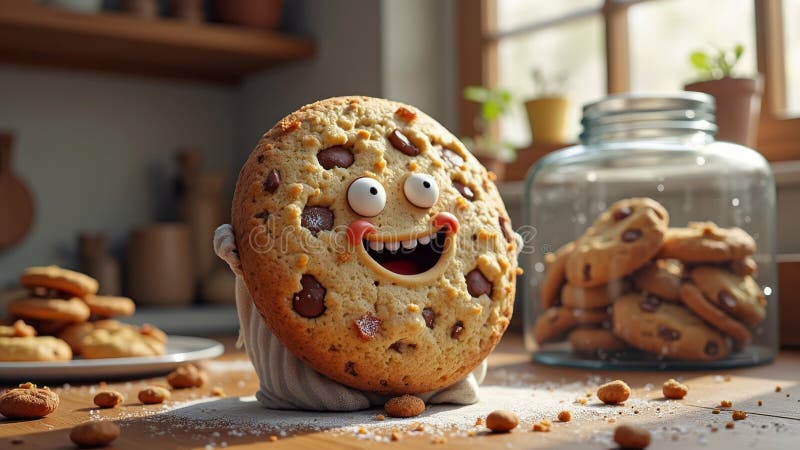 Smiling Cookie in Cozy Kitchen with Chocolate Chips and Jar of Cookies ...