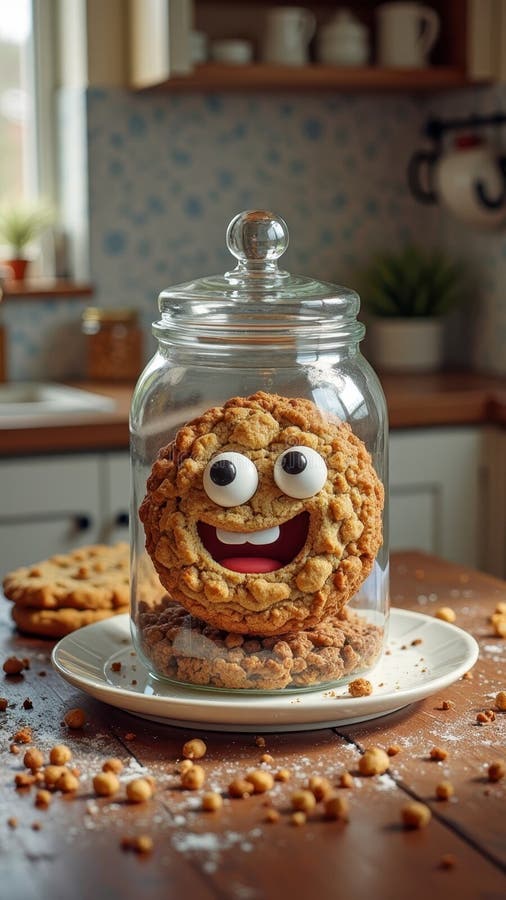 Smiling Cookie Jar with Cartoon Face in Cozy Kitchen Setting Stock ...