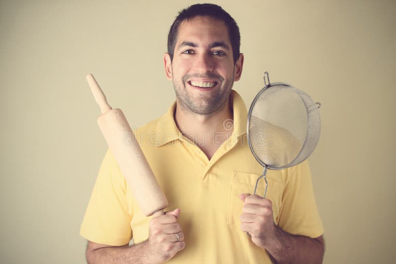 Smiling, Cooking Man Holding Utensils Stock Image - Image of happiness ...