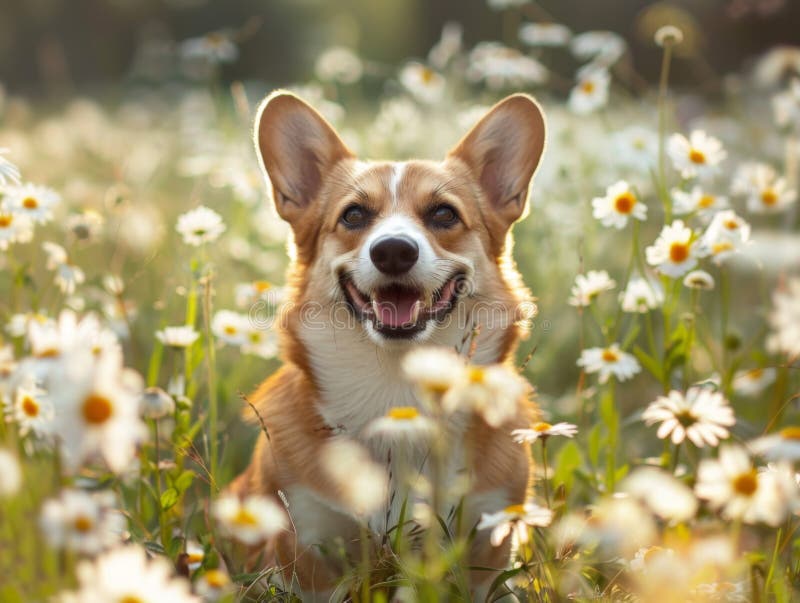 A Smiling Corgi Dog in a Field of Daisies Stock Illustration ...