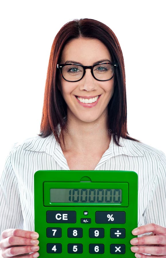 Smiling Corporate Lady Showing Green Calculator Stock Photos - Free ...