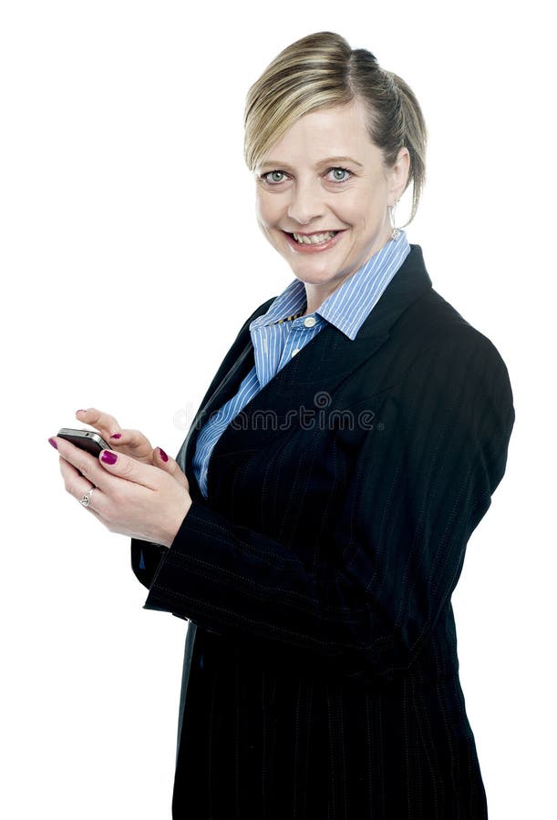Smiling Corporate Lady Using Cellphone Stock Image - Image of lady ...