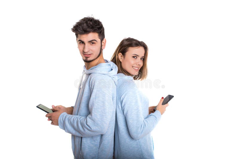 Unhappy Couple Backwards with Their Mobile Phones Typing Isolated Stock ...