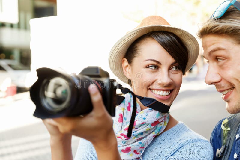 Smiling Couple with the Camera Stock Photo - Image of couple, examining ...
