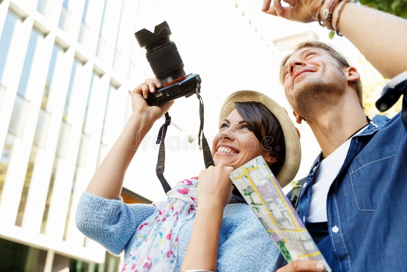 Smiling Couple with the Camera Stock Image - Image of journey, funny ...