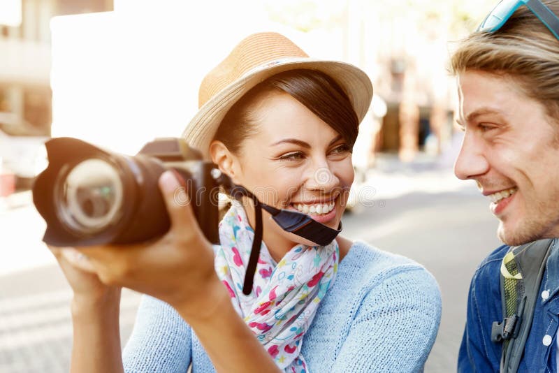 Smiling Couple with the Camera Stock Image - Image of holiday, summer ...