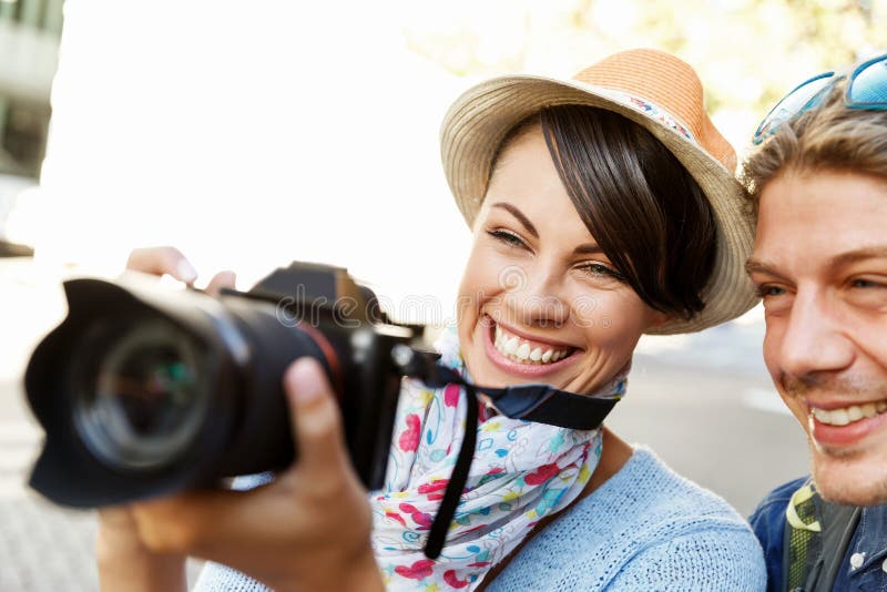 Smiling Couple with the Camera Stock Image - Image of city, travel ...