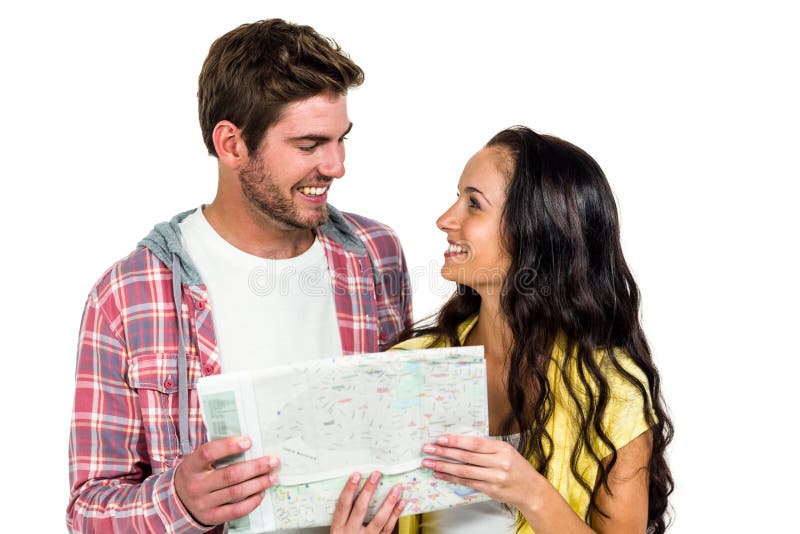 Smiling couple holding map stock image. Image of affection - 65346763