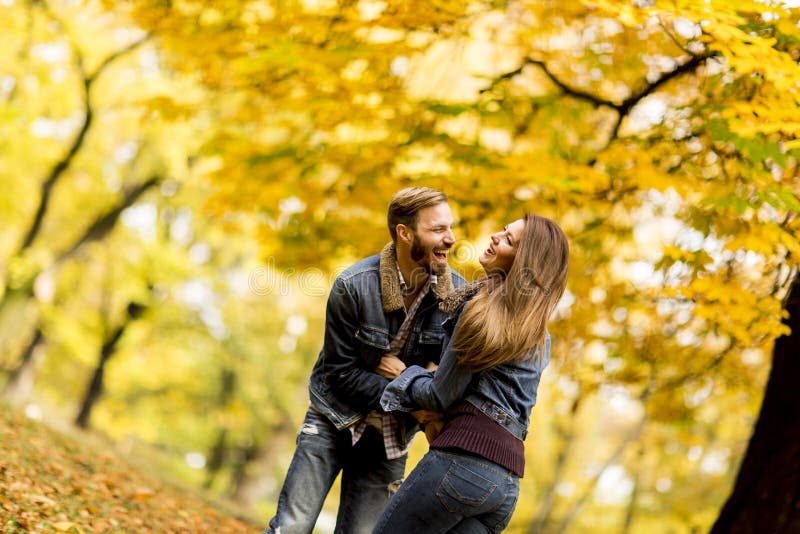 Smiling Couple Hugging in Autumn Park Stock Image - Image of dating ...