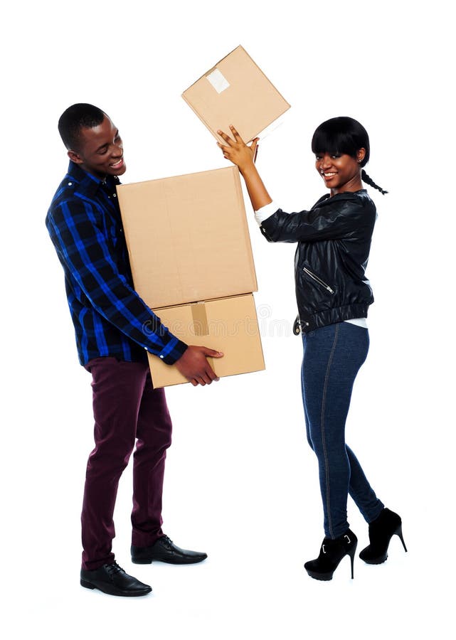 Smiling Couple Moving Cardboard Boxes Stock Image Image Of Full