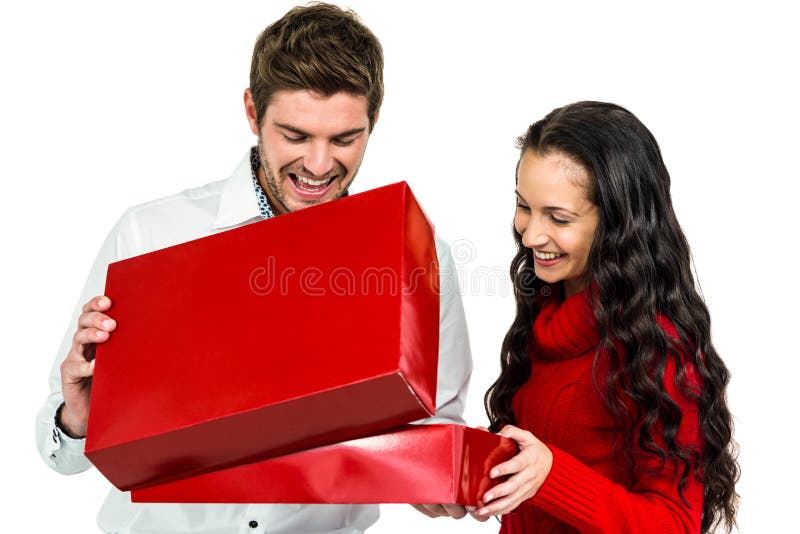 Smiling Couple Opening Gift Box Stock Image - Image of casual, cute ...