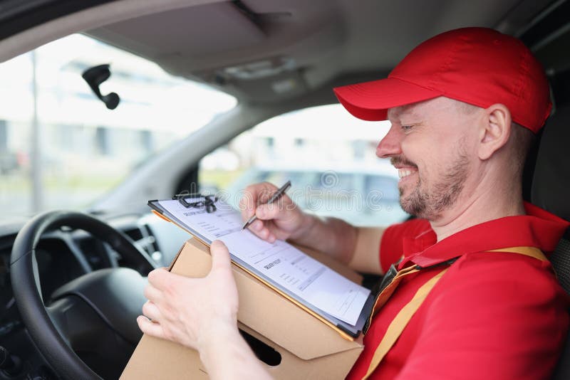 Courier Driver Man Delivering Package While Wearing Safety Mask - Focus ...