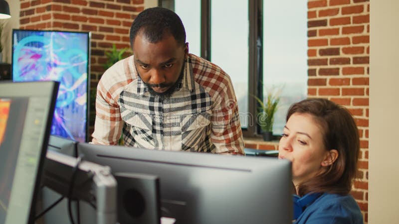 Smiling Coworker Talking To 3D Developer about Digital Art Production ...