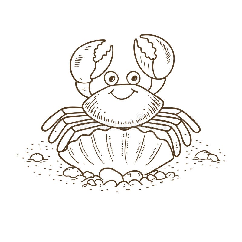 Smiling Crab Outline Sketch on Sandy Beach with Shell Details and Rocks ...