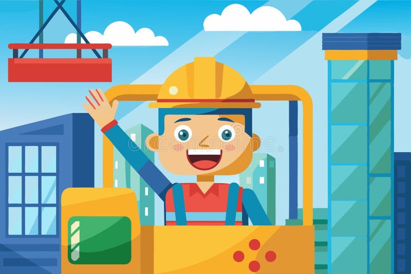 Smiling Crane Operator in Crane Cabin at Construction Site Stock ...