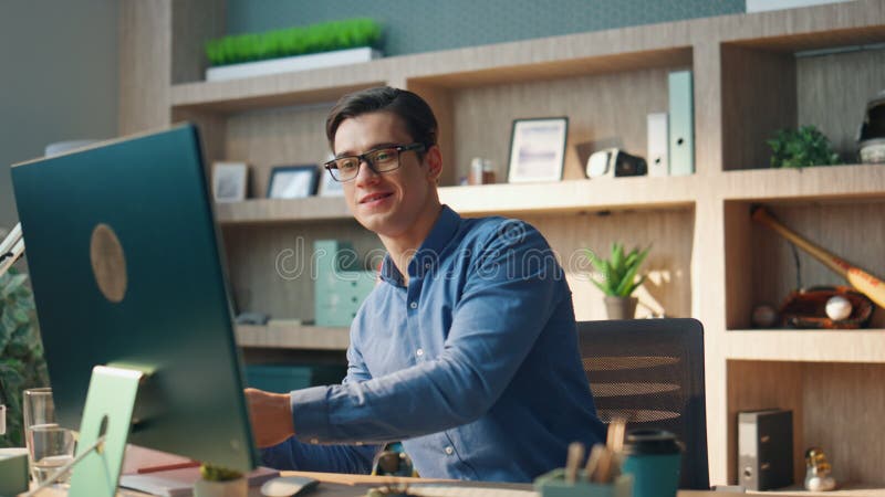 Smiling Creator Working Computer Office Closeup. Inspired Man Checking ...