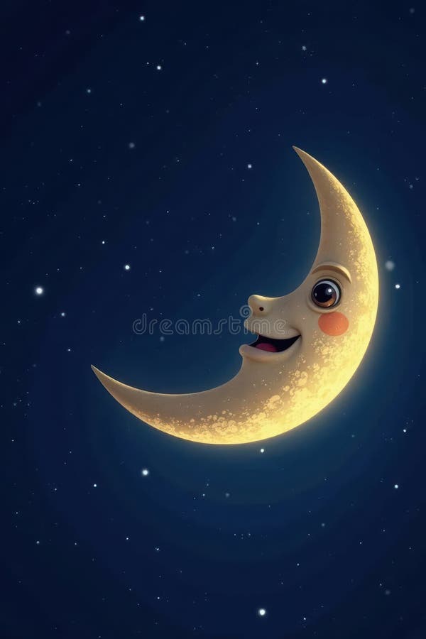 Smiling Crescent Moon, Bright Stars Twinkle in Dark Night Sky ...