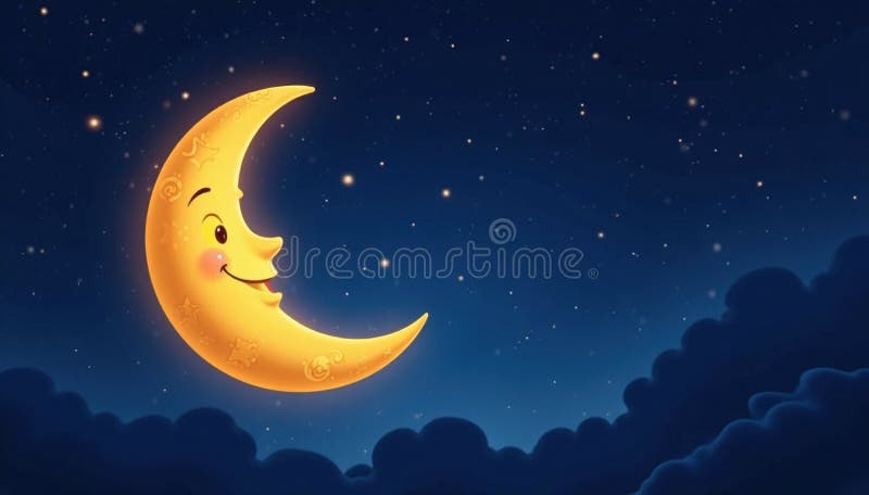 Smiling Crescent Moon, Bright Stars Twinkle in Dark Night Sky , Dark ...
