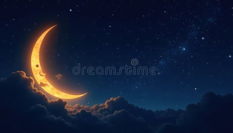 Smiling Crescent Moon, Bright Stars Twinkle in Dark Night Sky ...