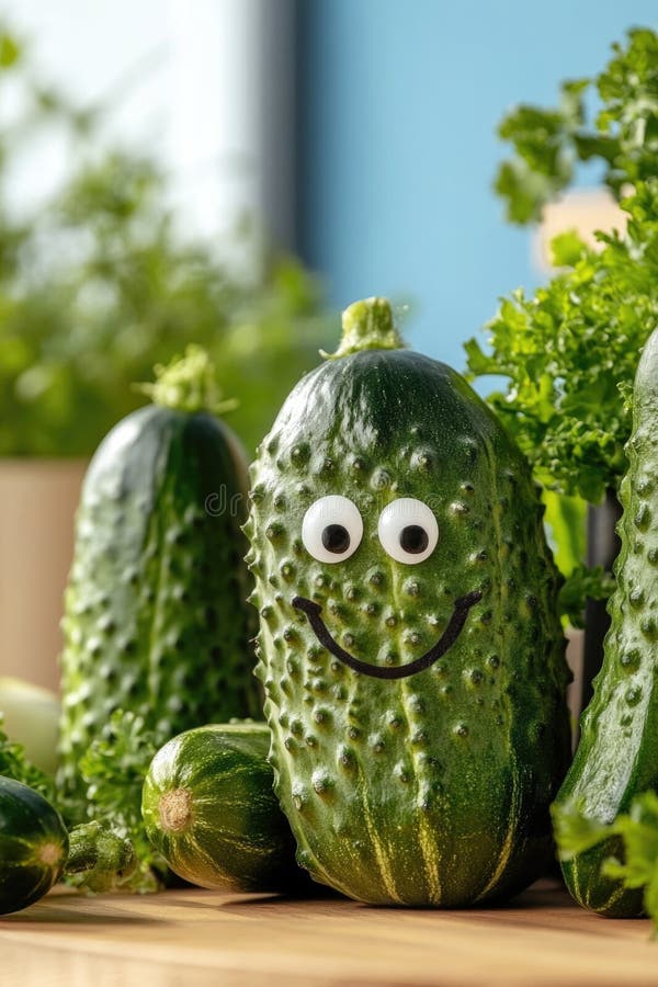 Smiling Cucumber with Googly Eyes among Fresh Green Vegetables Stock ...