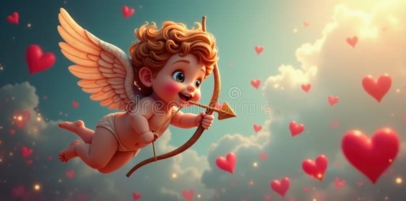 Smiling Cupid with Bow Arrow Amidst Floating Hearts , Romantic, White ...
