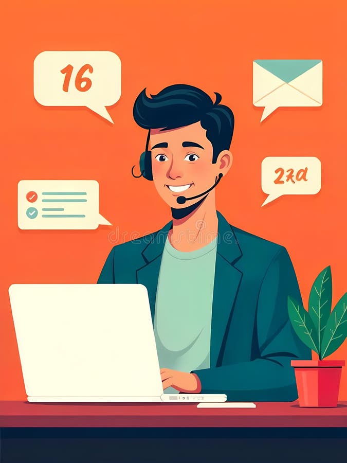 A Smiling Customer Service Agent Assists Clients Using His Laptop ...