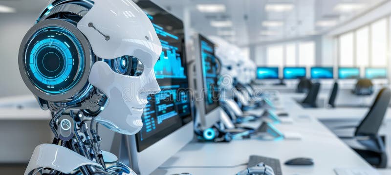 Smiling Customer Service Robot Using Computer in Blurred Office Setting ...