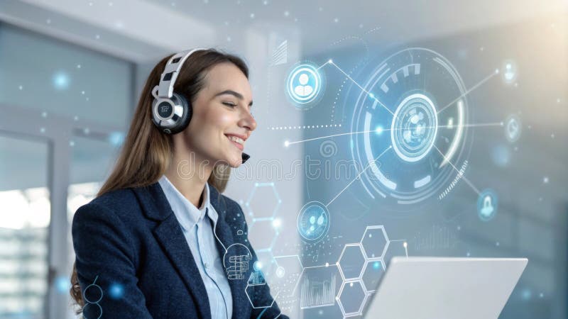 Smiling Customer Support Agent with Headset, Surrounded by Futuristic Digital Interface Elements ...