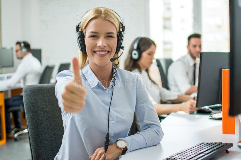Smiling Customer Support Agent Woman Showing Thumb Up in Call Centre ...