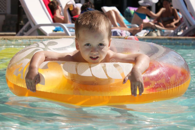Smiling Cute Boy Swims with a Lifeline in the Pool Stock Image - Image ...
