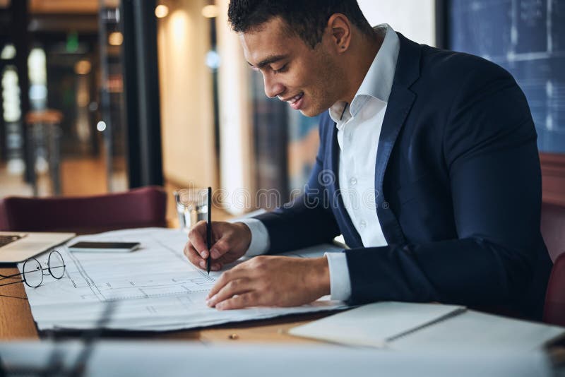 Smiling Cute Engineer Creating a New Building Plan Stock Photo - Image ...