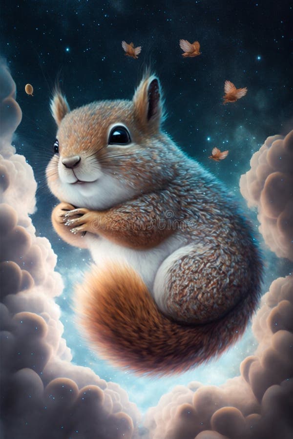 Smiling Cute Squirrel on Cloud with Starry Sky. Generative Ai Stock ...