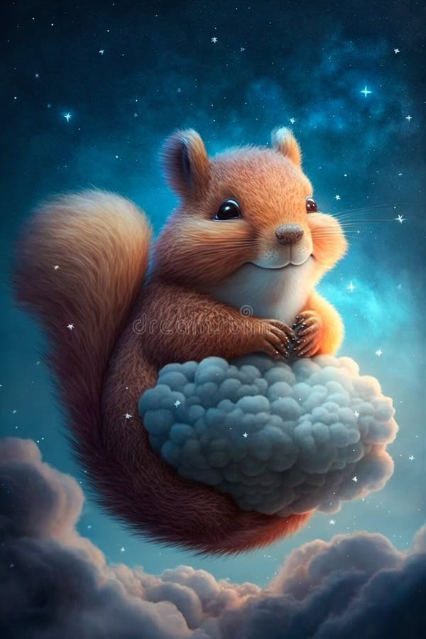 Smiling Cute Squirrel on Cloud with Starry Sky. Generative Ai Stock ...